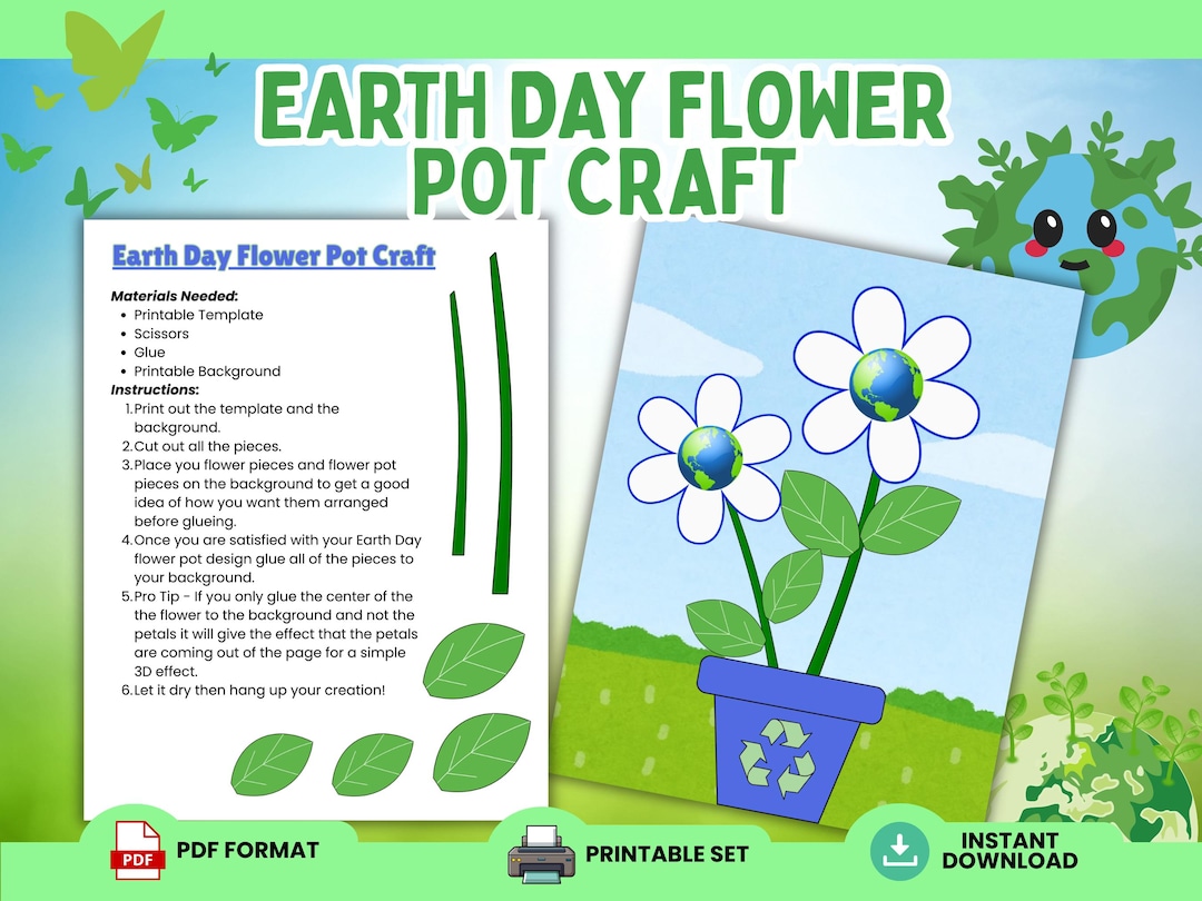 Earth Day Flower Pot Craft Printable, Kids Earth Day Activity, Cut and ...