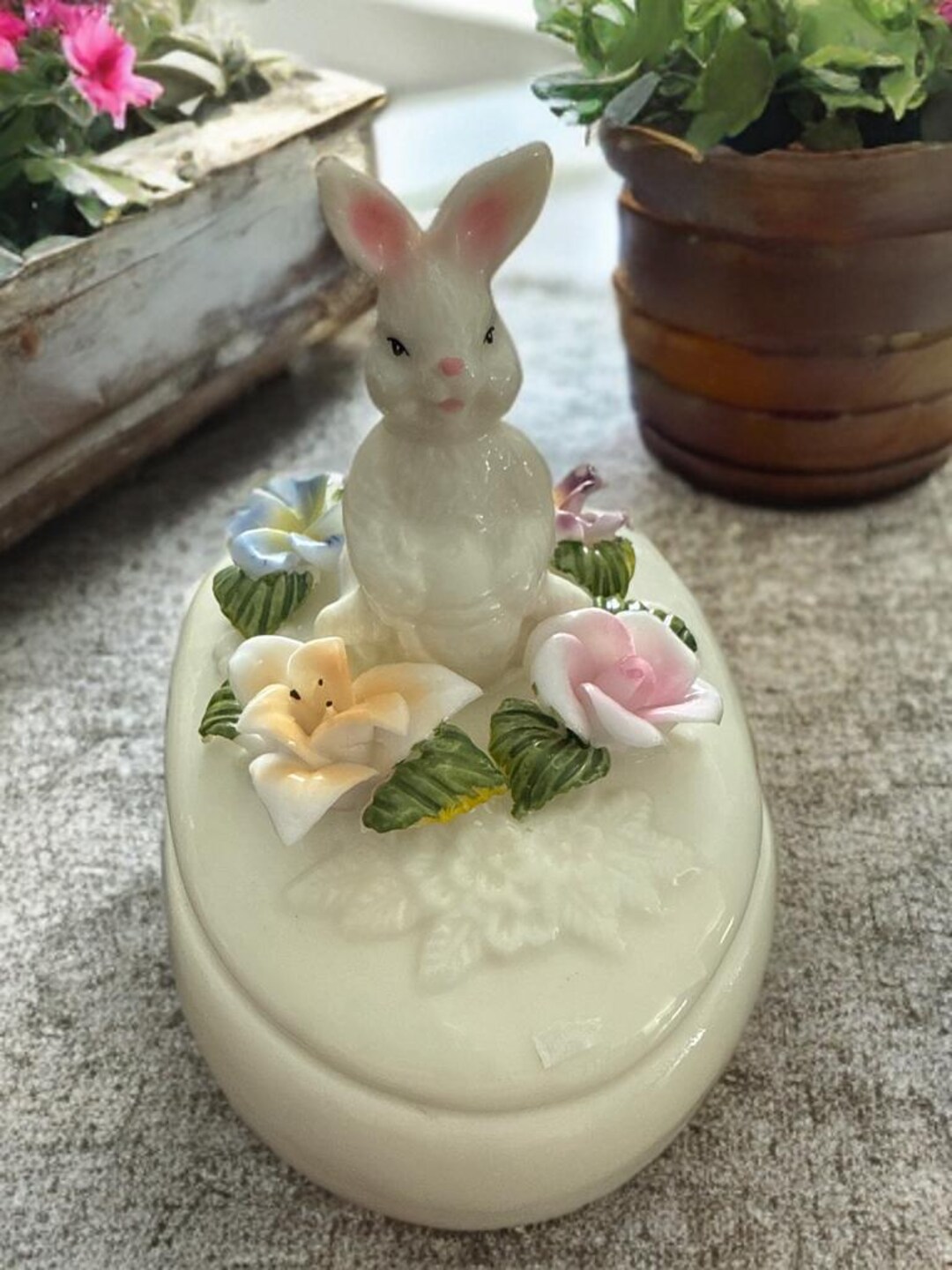 Porcelain Ceramic Bunny Rabbit Trinket Box With Floral Design - Etsy