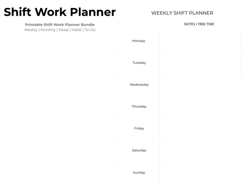 Shift Work Planner | Printable Weekly & Monthly Planner | Sleep Tracker ...