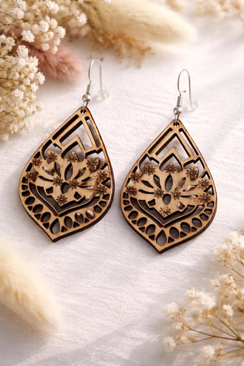 Engraved Wooden Earrings – Boho Floral Design – Lightweight & Natural ...