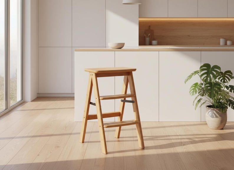 Folding Bamboo Step Ladder | 3-in-1 Kitchen Stool - Etsy