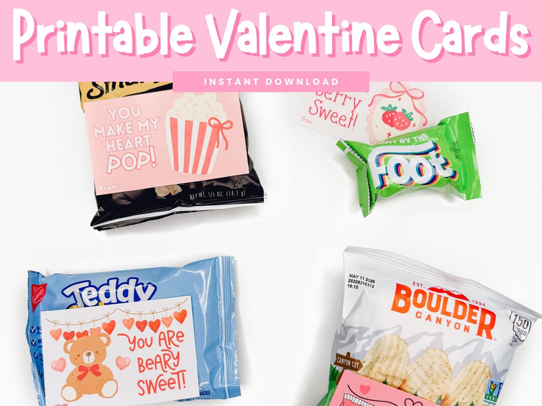 Printable Snack Valentine Cards, Valentine Tags, Valentine's Cards for ...