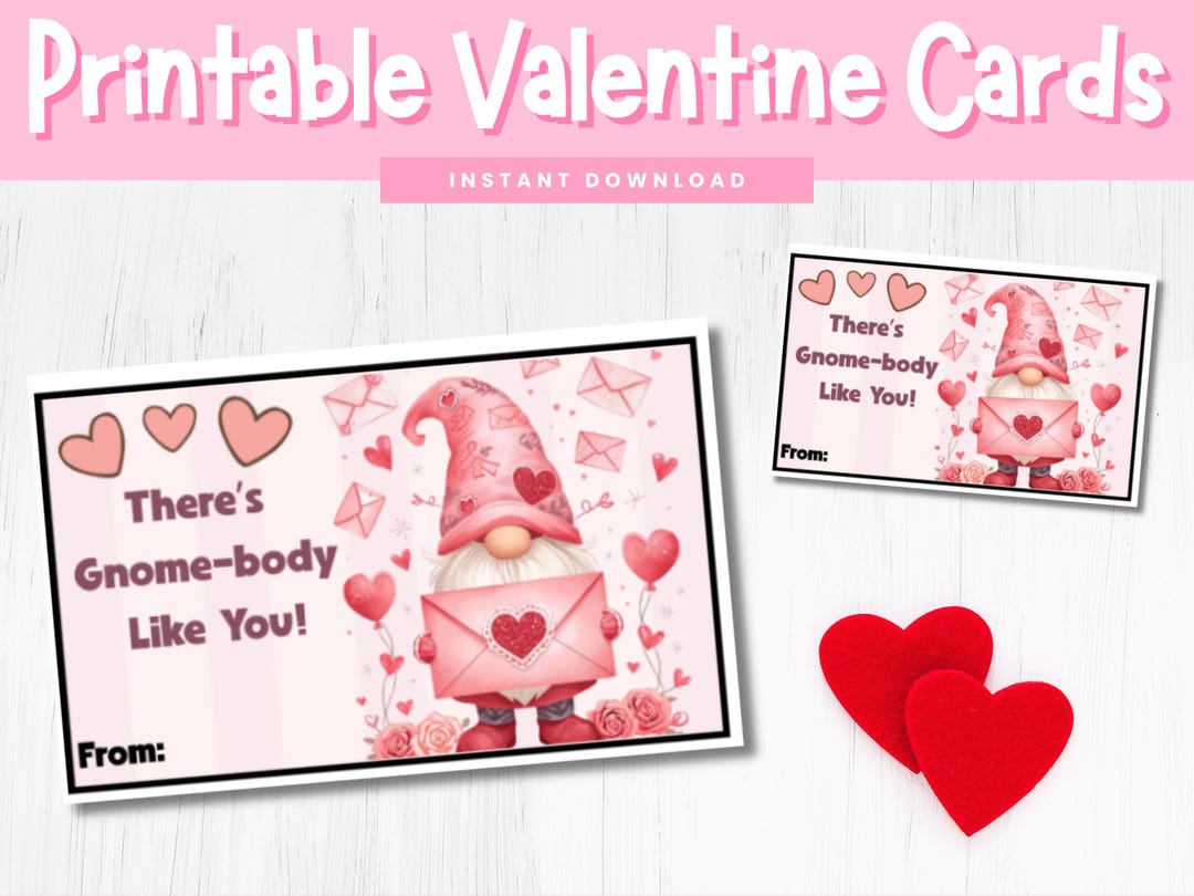 Printable Gnome Valentine Cards, Valentine Tags, Valentine's Cards for ...