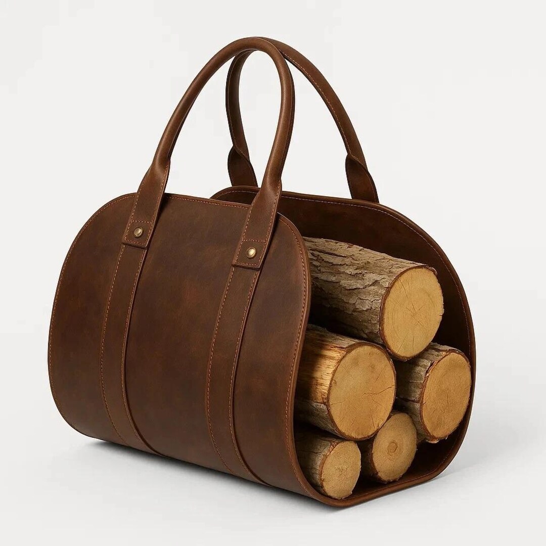 Full Grain Leather Log Carrier: Minimalist Firewood Tote, Hearth Decor ...
