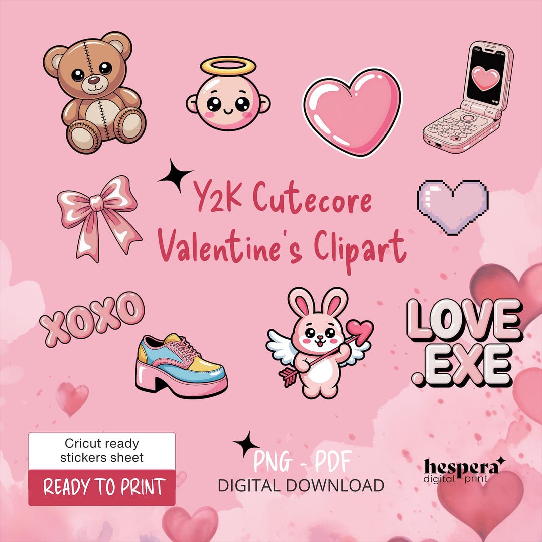 Y2K Cutecore Valentine Clipart | Glossy 3D Cute Hearts & Kawaii ...