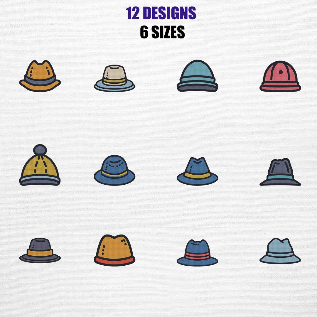 Hats Embroidery Design Bundle | 12 Styles, 6 Sizes (digital Embroidery ...