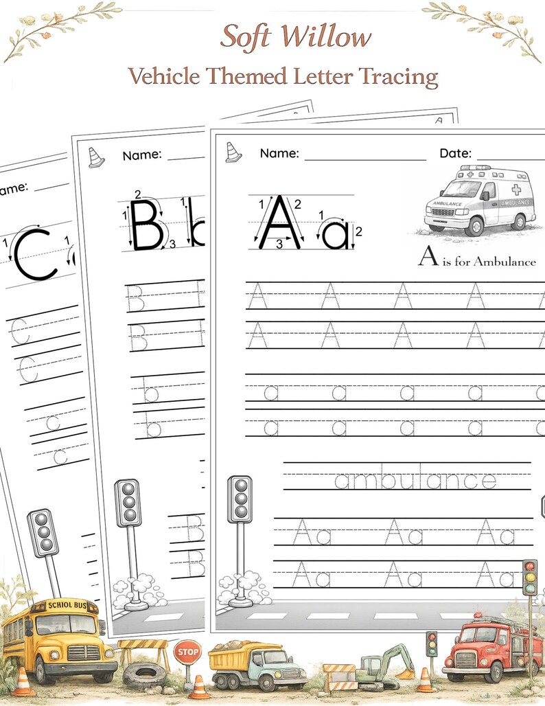 26 Printable Vehicle Theme Alphabet Tracing Worksheets. Learn Vehicles ...