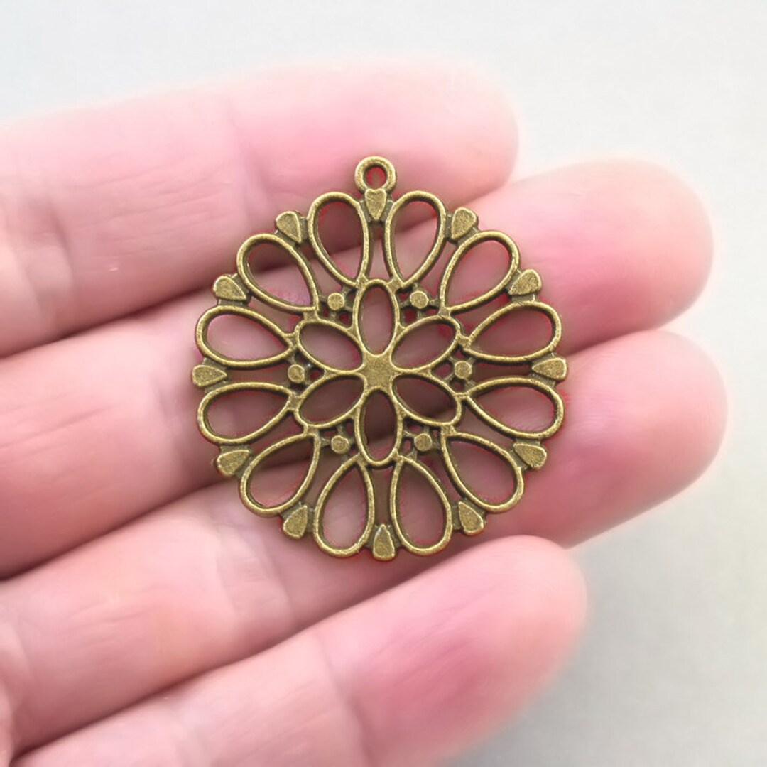 Flower Charms, Large Flower Pendant Beads, up to 6 Pcs, Antique Bronze ...