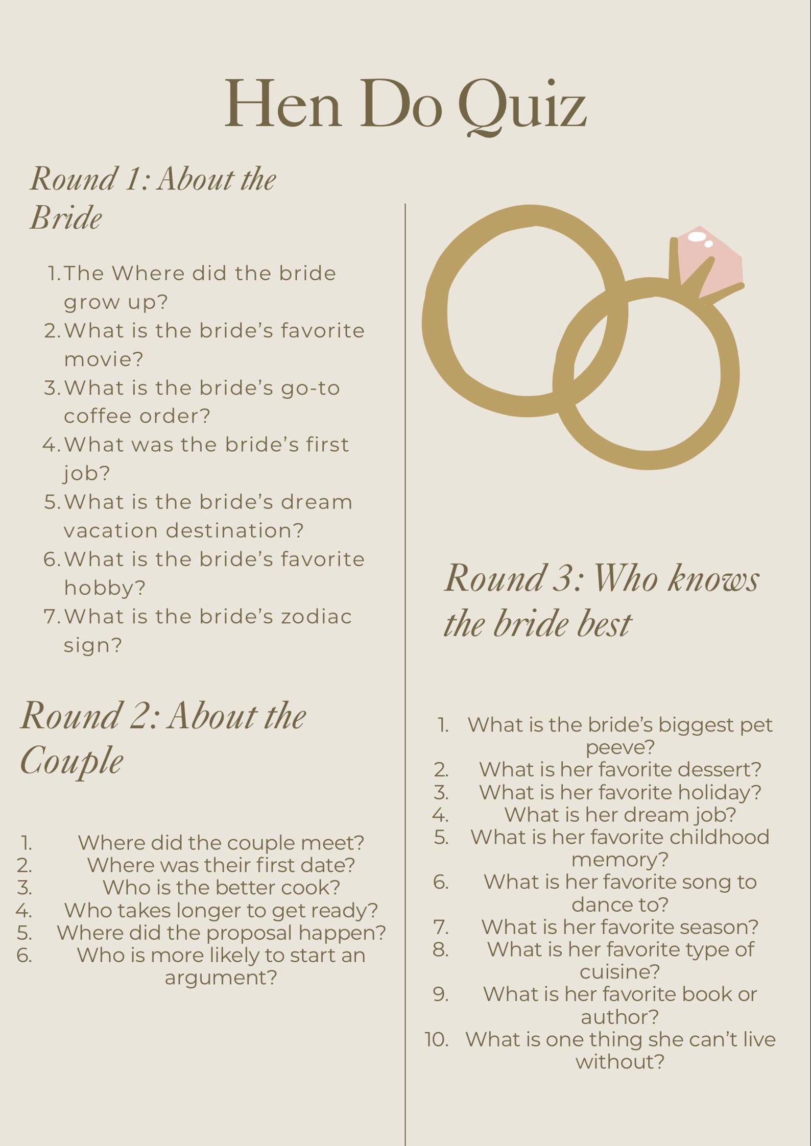Hen Do/bridal Shower Quiz - Etsy