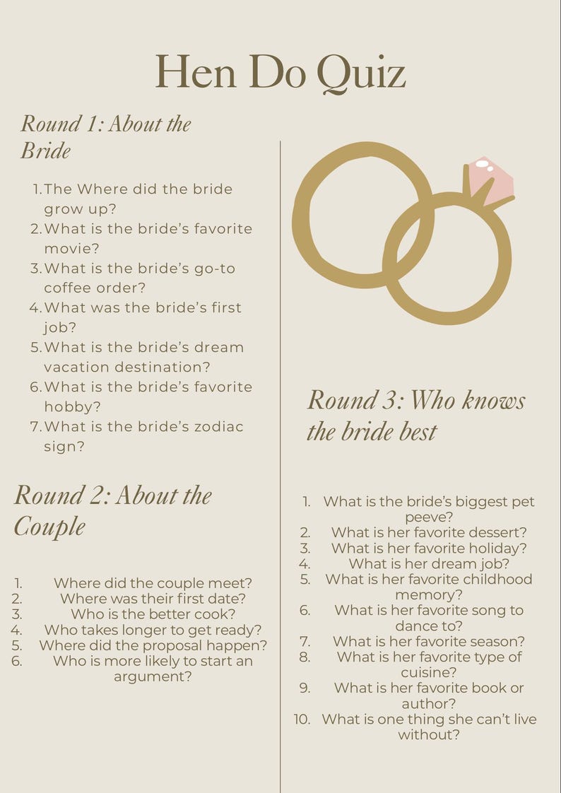 Hen Do/bridal Shower Quiz - Etsy