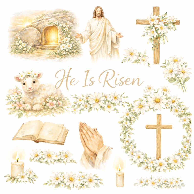 Christian Easter Clipart Bundle, Watercolor Resurrection Elements ...