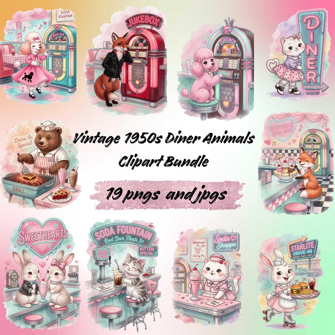 1950s Diner Animals Clipart – Retro Americana Watercolor Style (pngs ...