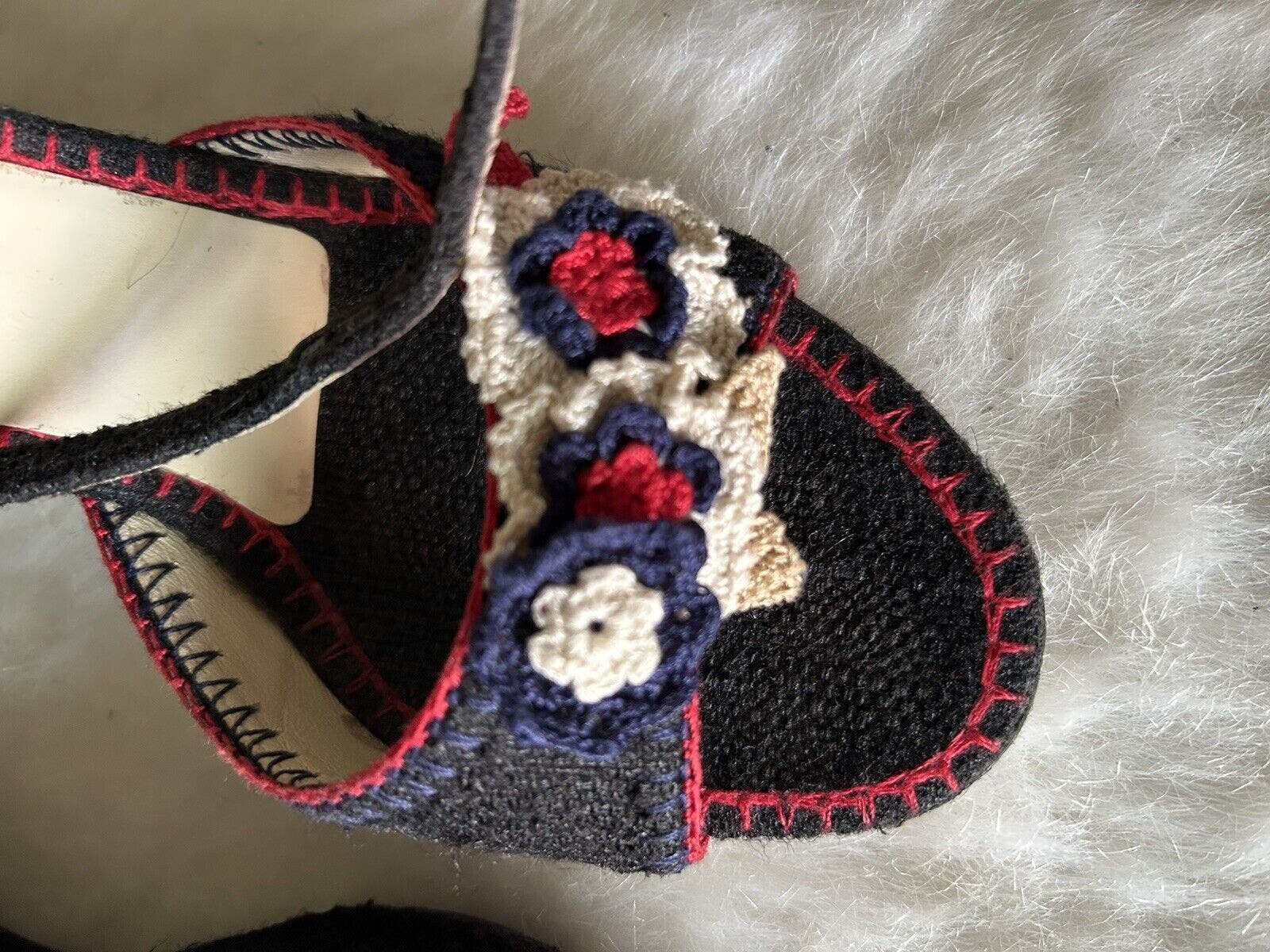 Vintage PRADA Shoes Black, Red Ivory Crochet Flowers Wedges Vintage PRADA Shoes Black, Red Ivory Crochet Flowers Wedges