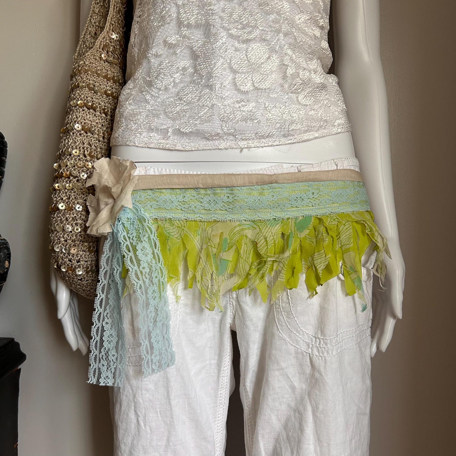 Handmade Fringe Belt Sash: Cream & Green Festival Style - Etsy
