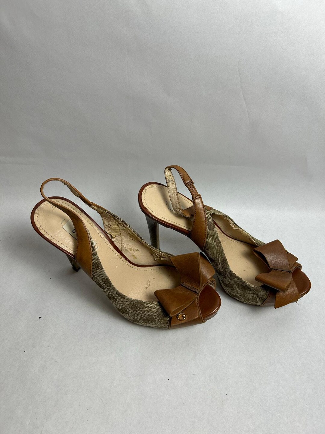 Guess Shoes Slingback Platform Heels Tan Beige Logo 8.5 as Is - Etsy