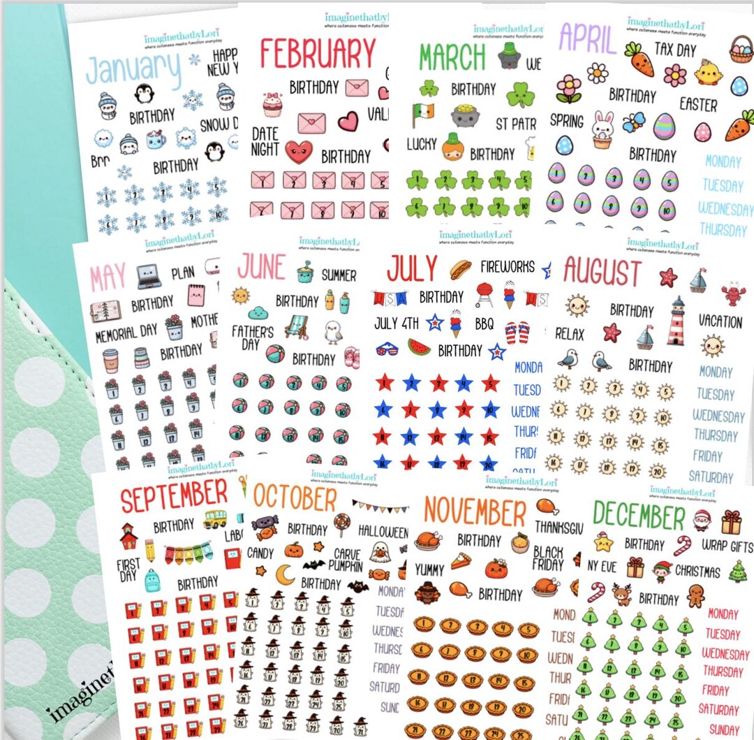 12 Months Monthly Planner Stickers Cute Date Holidays Icons - Etsy