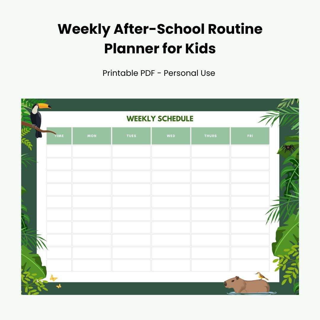 Weekly After-school Planner for Kids L A4 or A2 PDF Download L Jungle ...