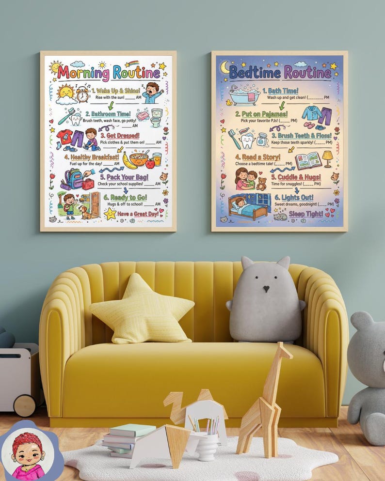 Kids' Morning & Bedtime Routine Chart | Visual Schedule Poster ...