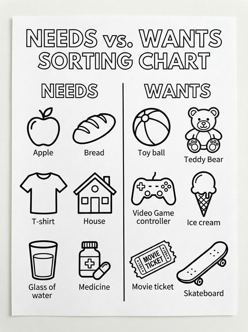 Needs Vs Wants Sorting Chart | Financial Literacy Printable (PDF) - Etsy
