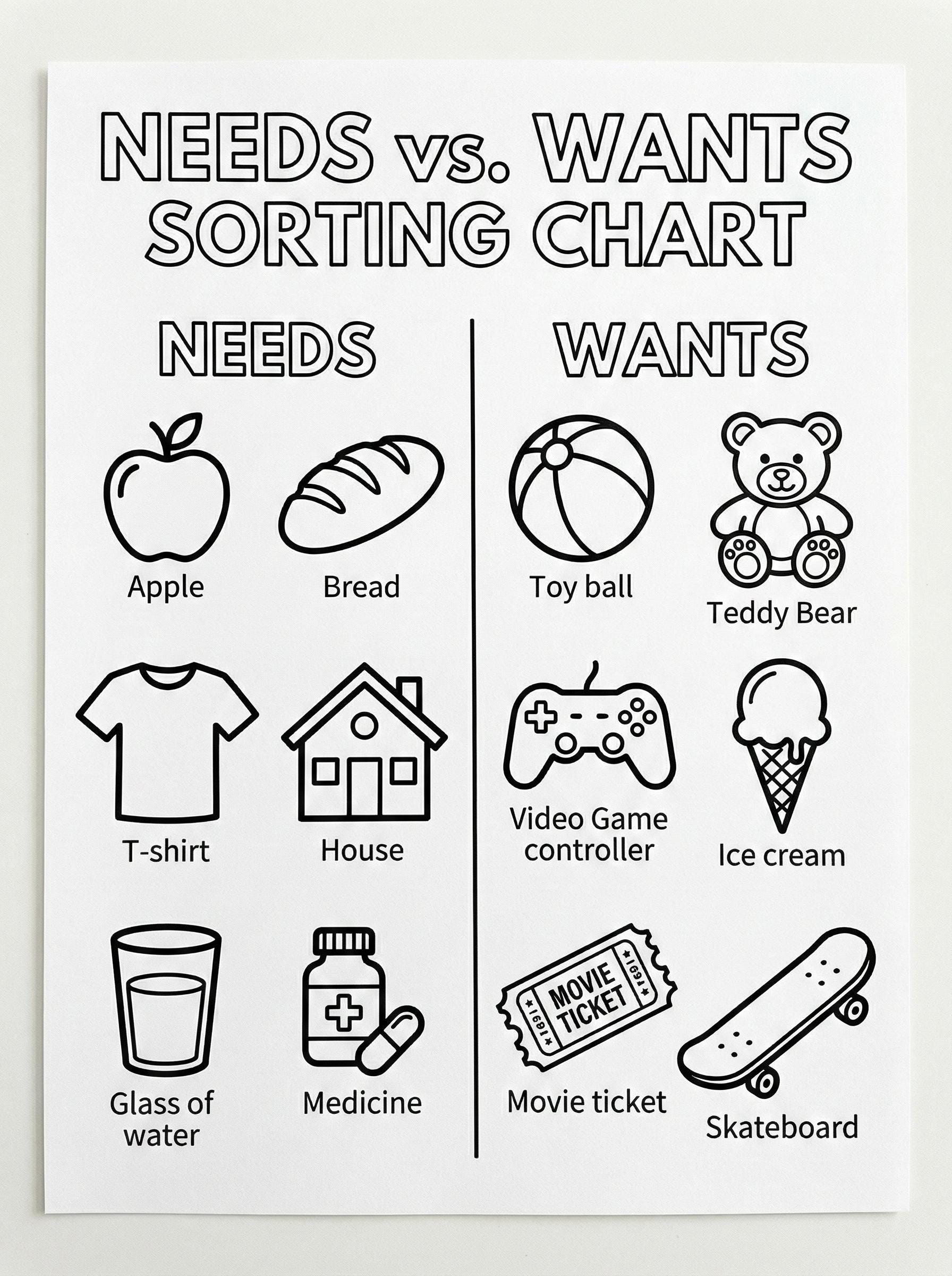Needs Vs Wants Sorting Chart | Financial Literacy Printable (PDF) - Etsy
