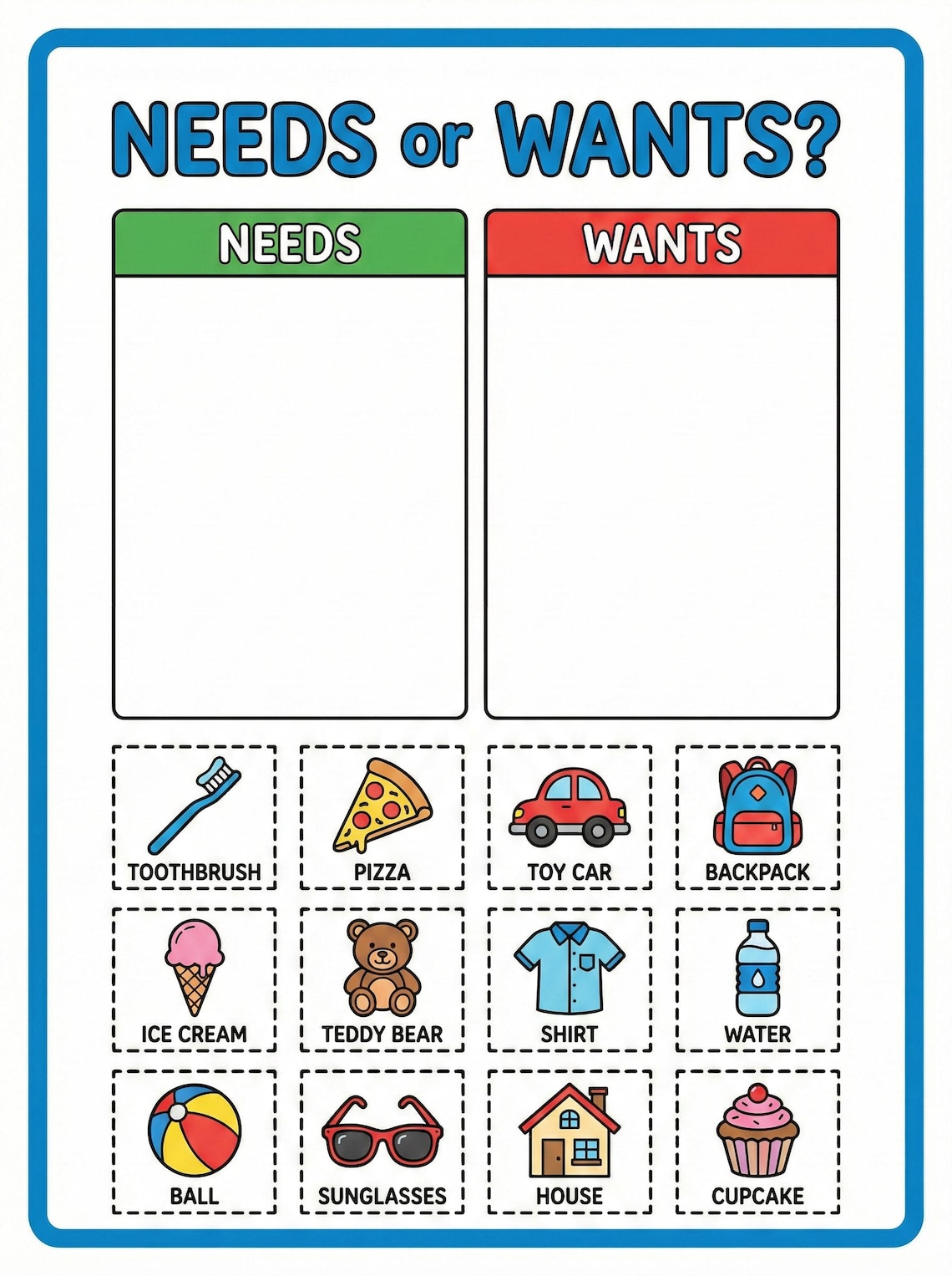 Needs Vs Wants Sorting Chart | Financial Literacy Printable (PDF) - Etsy