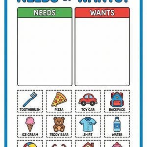 Needs Vs Wants Sorting Chart | Financial Literacy Printable (PDF) - Etsy
