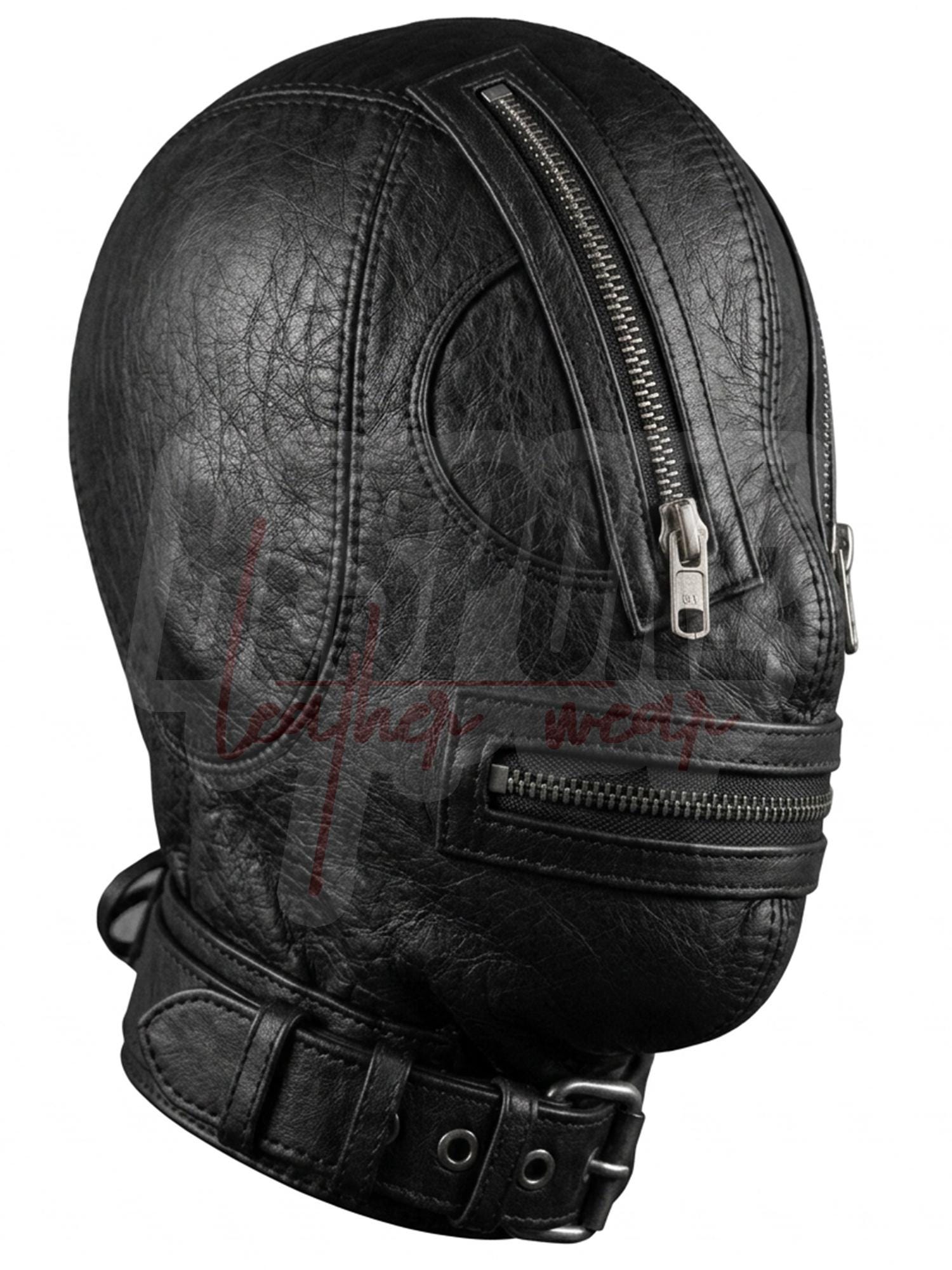 Handmade Genuine Black Leather Full Face Mask Zippered Hood Custom ...