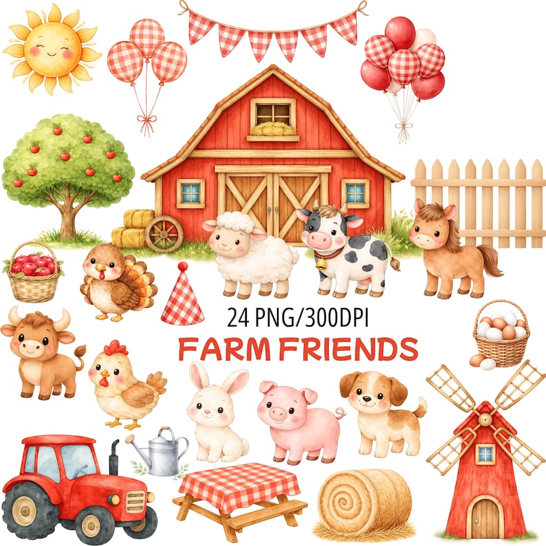 Cute Farm Clipart - Watercolor - Farm Animals Png - Cow - Pig - Horse ...