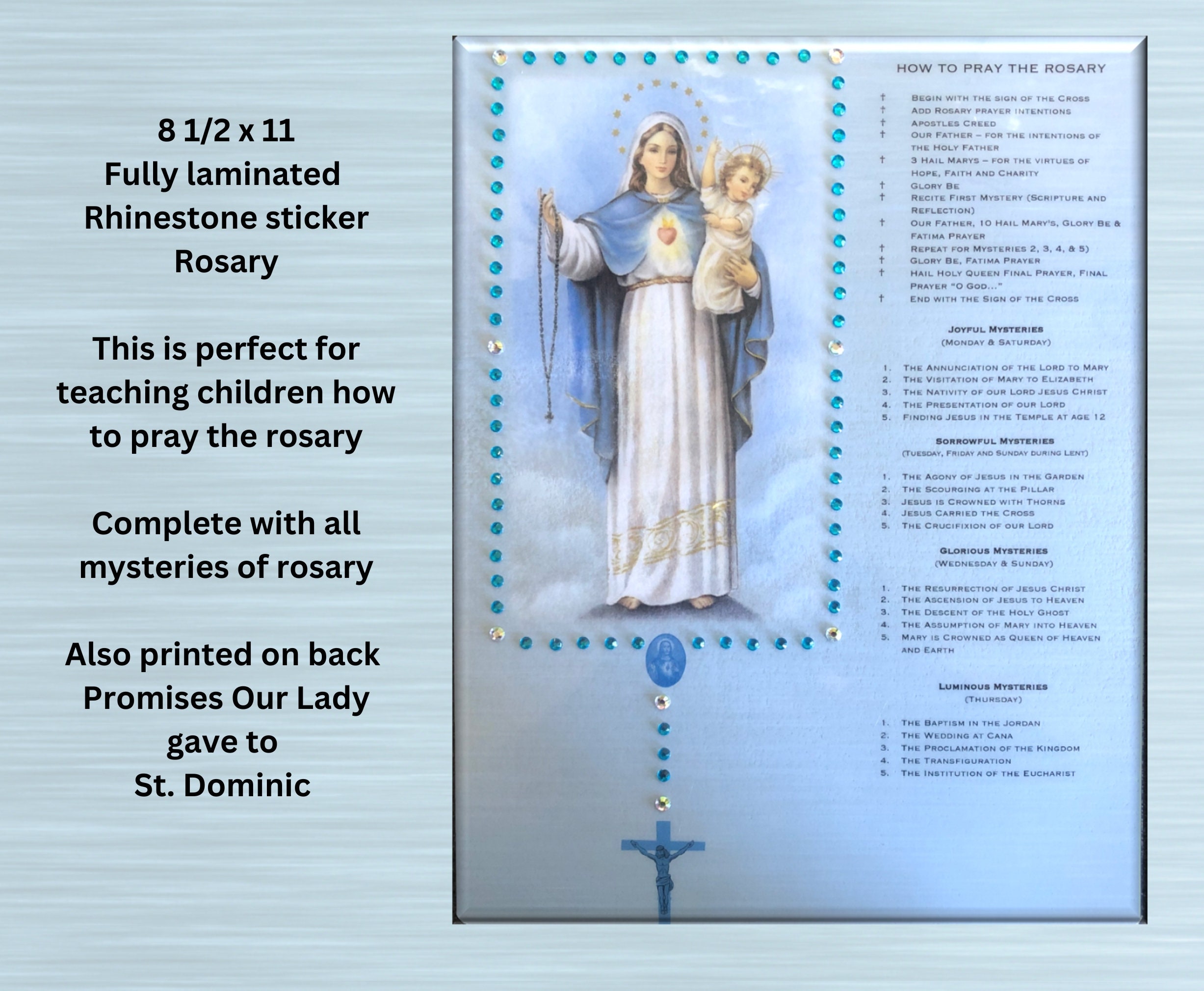 Rosary Teaching Rosary 8 1/2 X 11 Laminate Rosary Card With Rhinestone ...