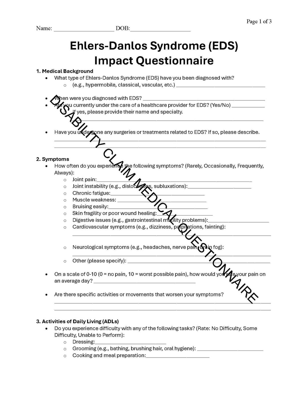 Ehlers-danlos Syndrome (EDS) Medical Questionnaire - Etsy