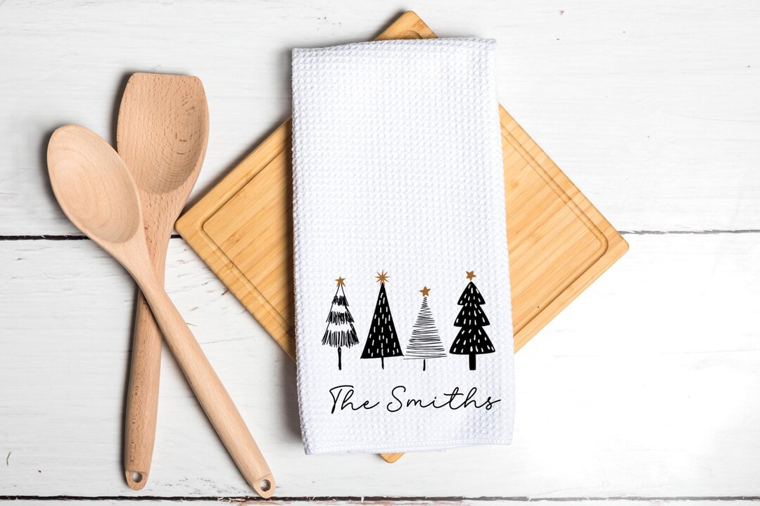 Modern Trees Personalized Tea Dish Towel - Christmas Tree Tea Towel ...
