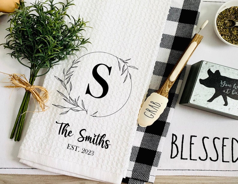 Personalized Monogram Leaf Tea Dish Towel Name Tea Towel - Etsy