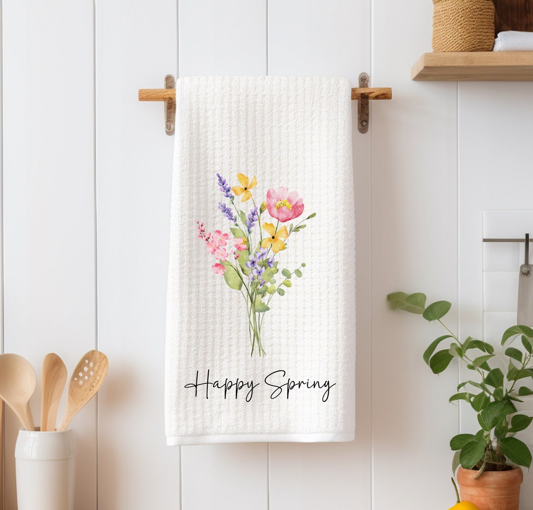 Happy Spring Dish Towel - Spring Flowers Bouquet Tea Towel Kitchen ...