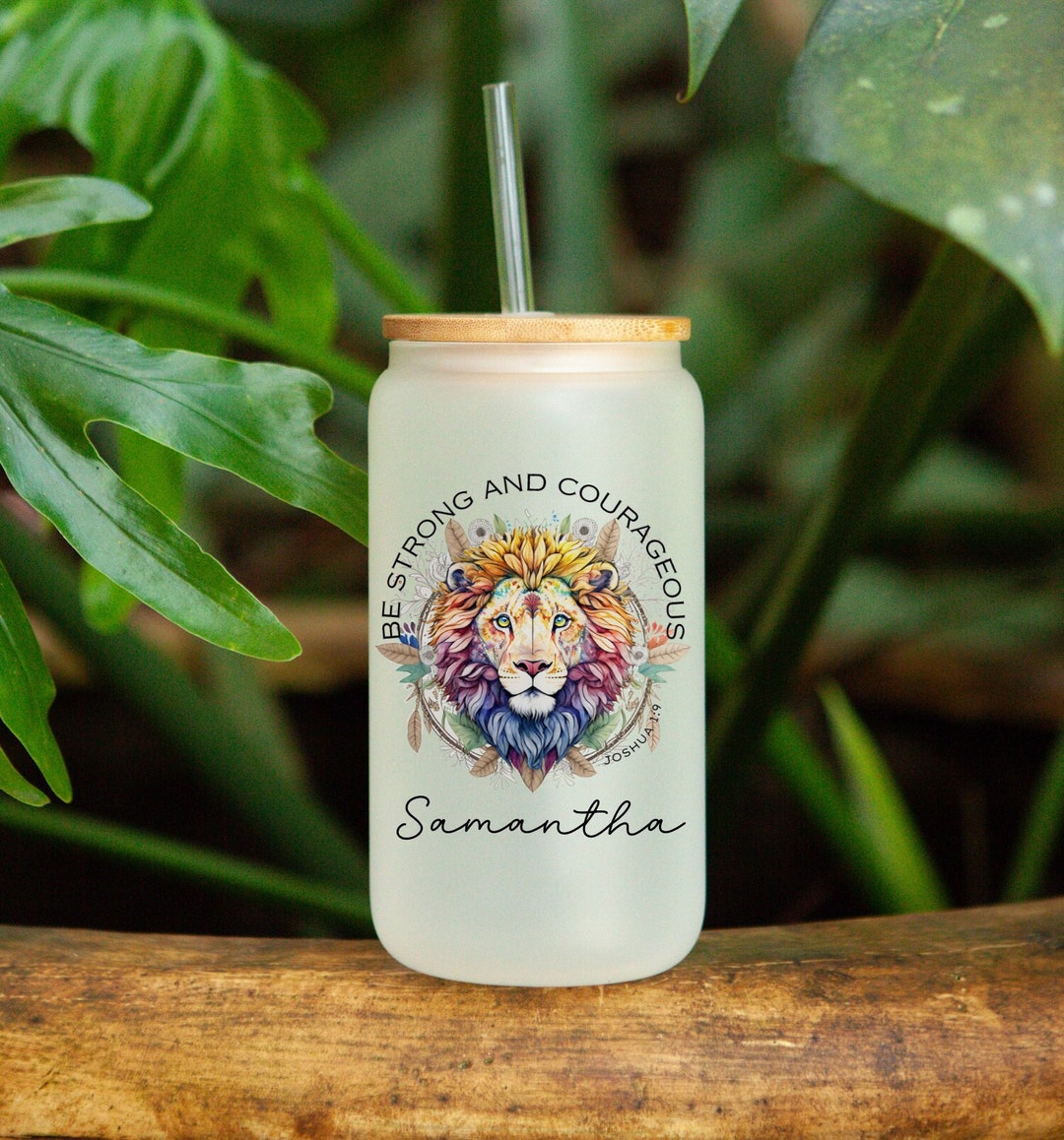 Personalized Be Strong Bible Verse Glass Iced Tea Coffee Mug With Straw ...