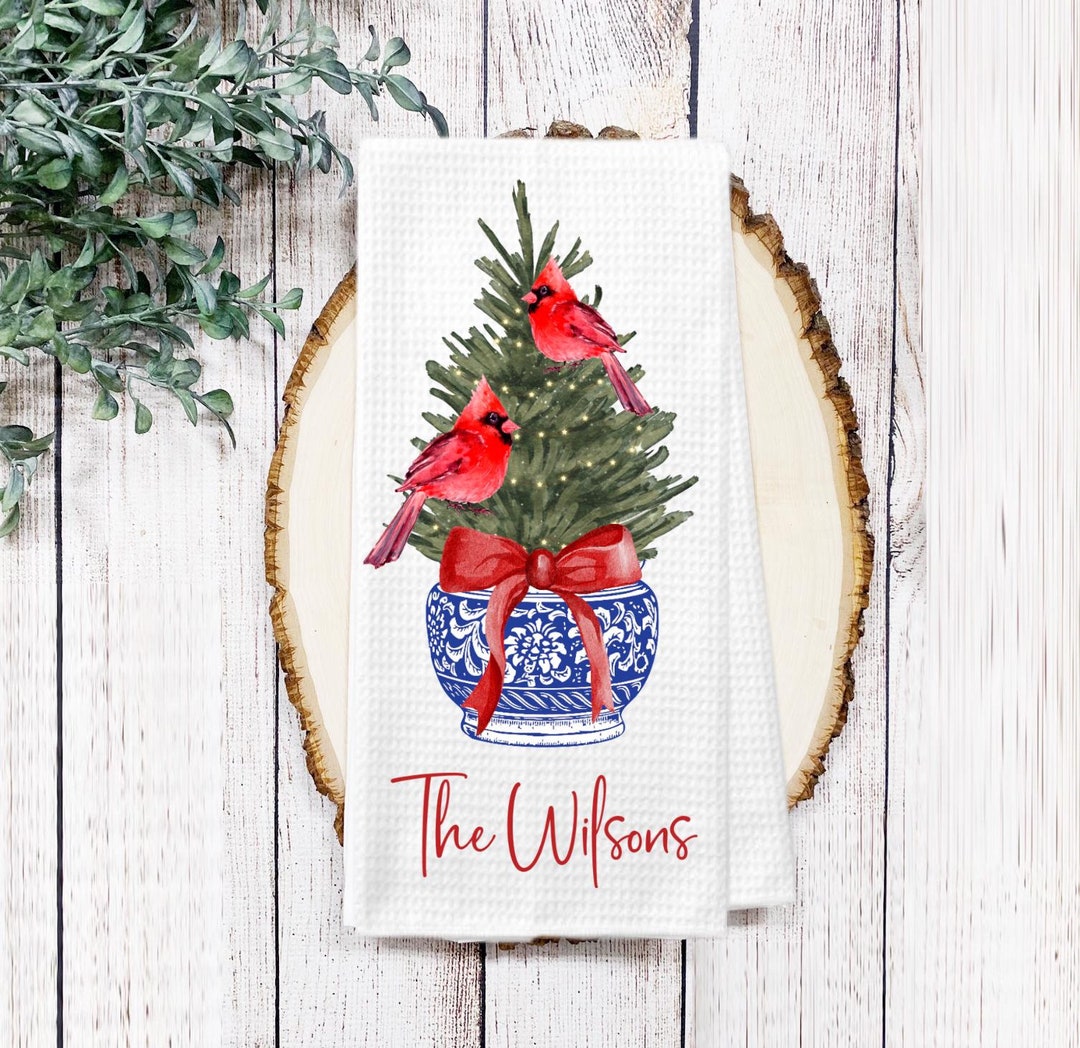 Personalized Chinoiserie Cardinal Christmas Tea Dish Towel - Custom ...