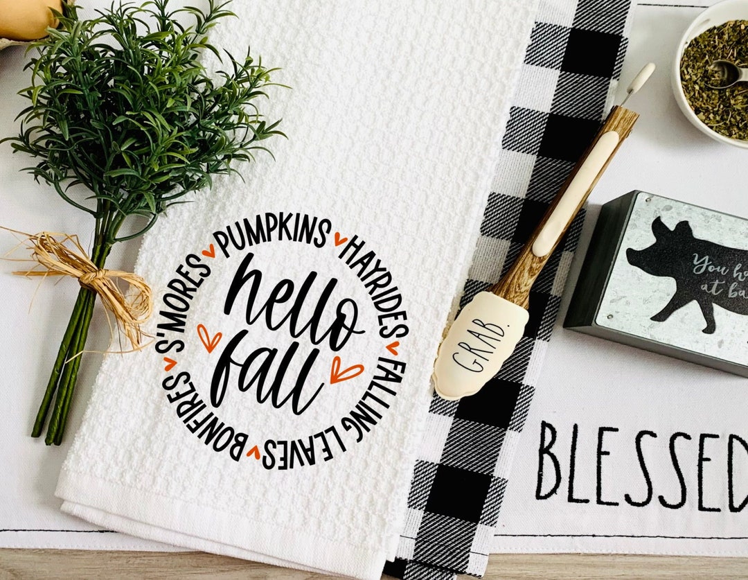 Hello Fall Dish Towel - Fall Sayings Thanksgiving Tea Towel Kitchen ...