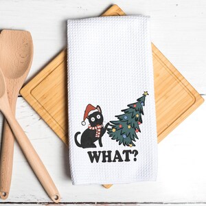 Funny Cat Tipping Christmas Tree Tea Dish Towel - Cat Lover Christmas ...