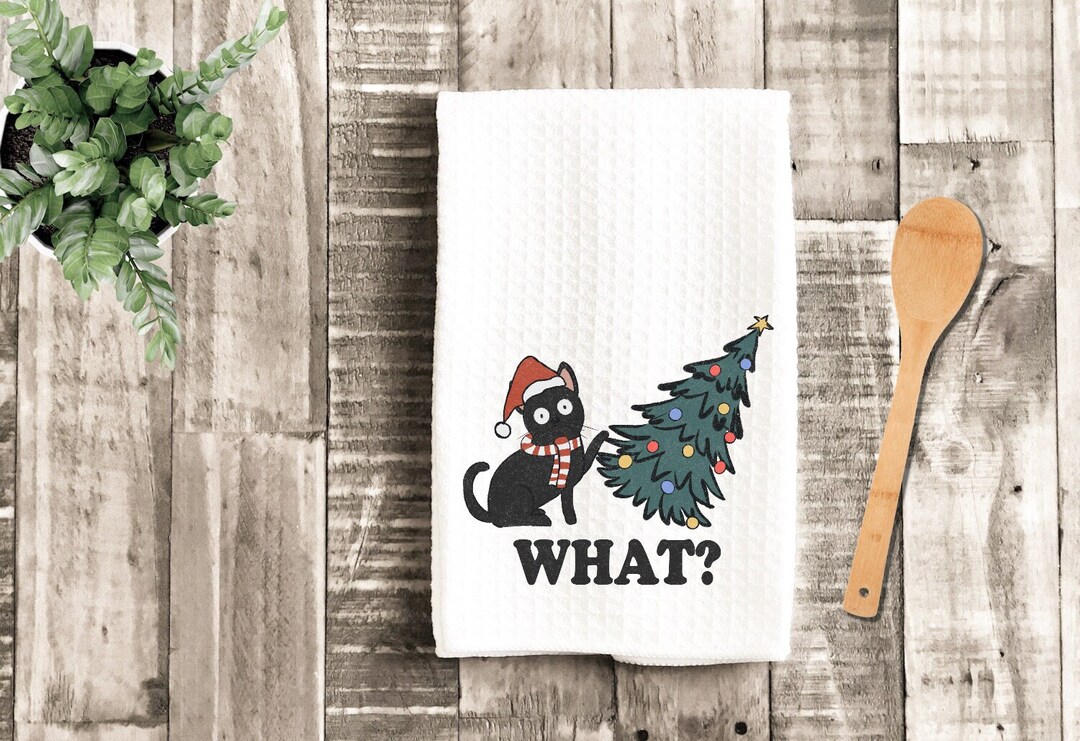 Funny Cat Tipping Christmas Tree Tea Dish Towel - Cat Lover Christmas ...