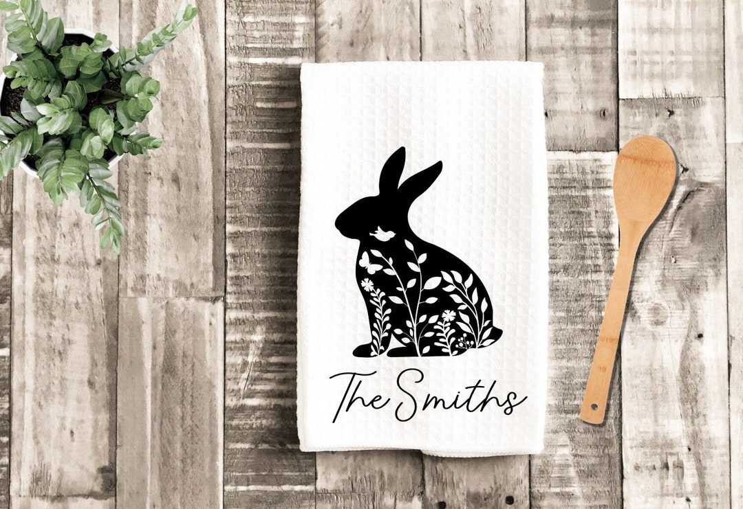 Floral Rabbit Silhouette Personalized Kitchen Dish Towel - Easter Bunny ...