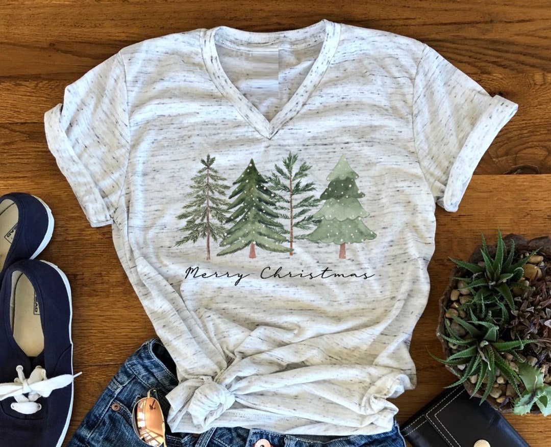Merry Christmas Winter Trees Christmas Tree Unisex V Neck T-shirt - Etsy