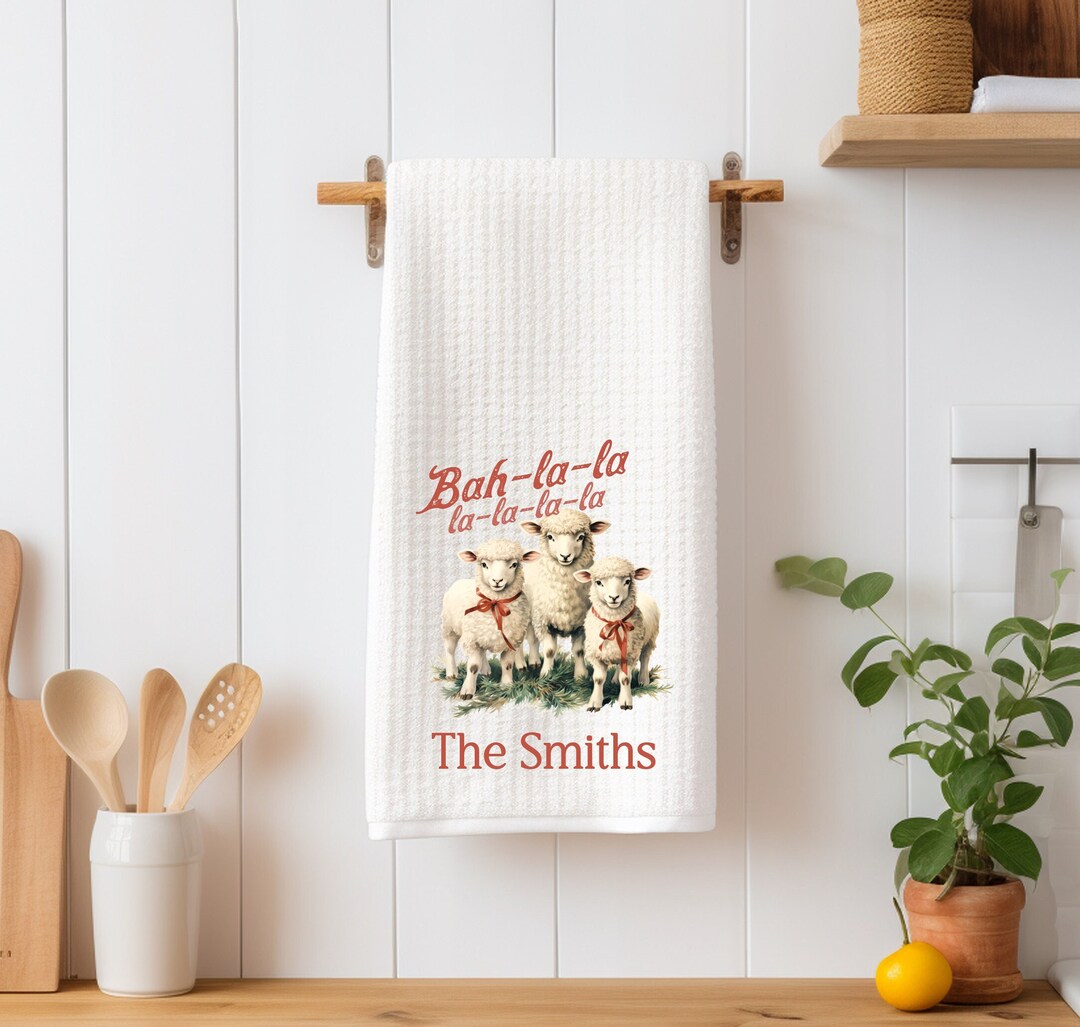 Cute Christmas Sheep Personalized Tea Dish Towel - Farm Animals Tea ...