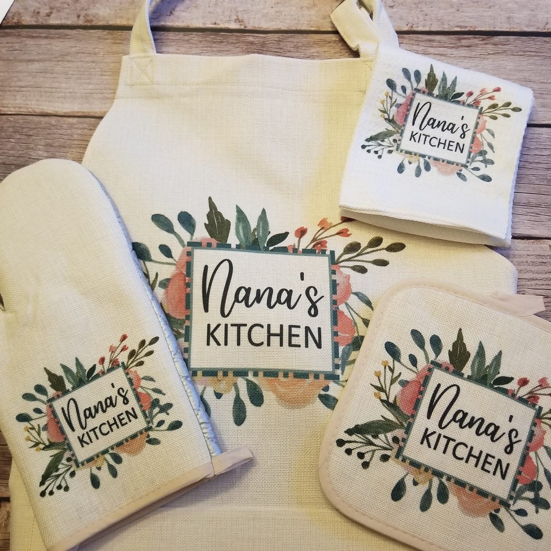 Personalized Linen Apron Set, Custom Oven Mitt Tea Towel Apron Gift Set ...