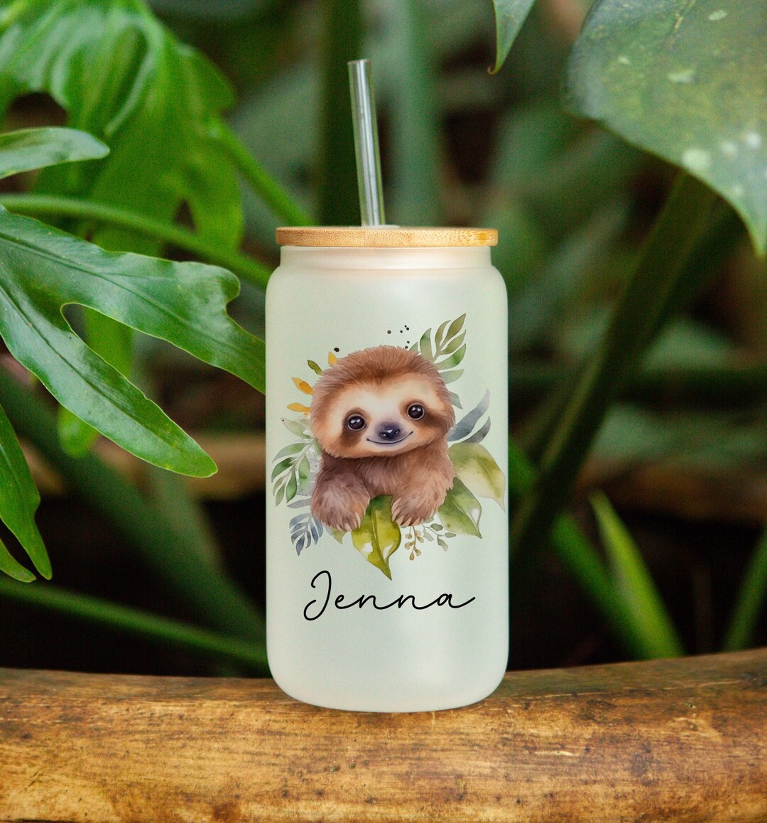 Personalized Sloth Cup Glass Iced Tea Coffee Mug With Straw, Birthday ...