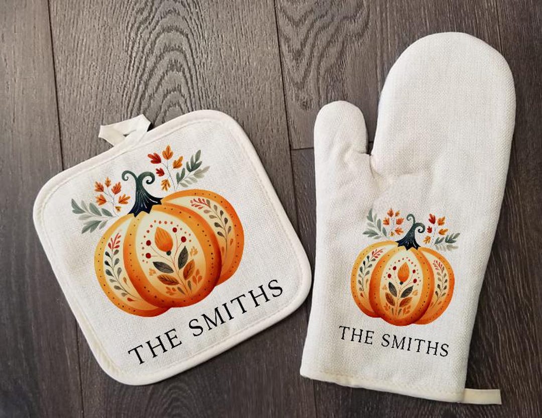 Personalized Fall Pumpkin Oven Mitt & Pot Holder Set, Thanksgiving Gift ...