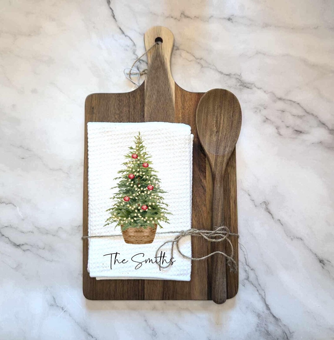 Cutting Board Spoon Personalized Christmas Tree Tea Towel Gift, Wedding ...