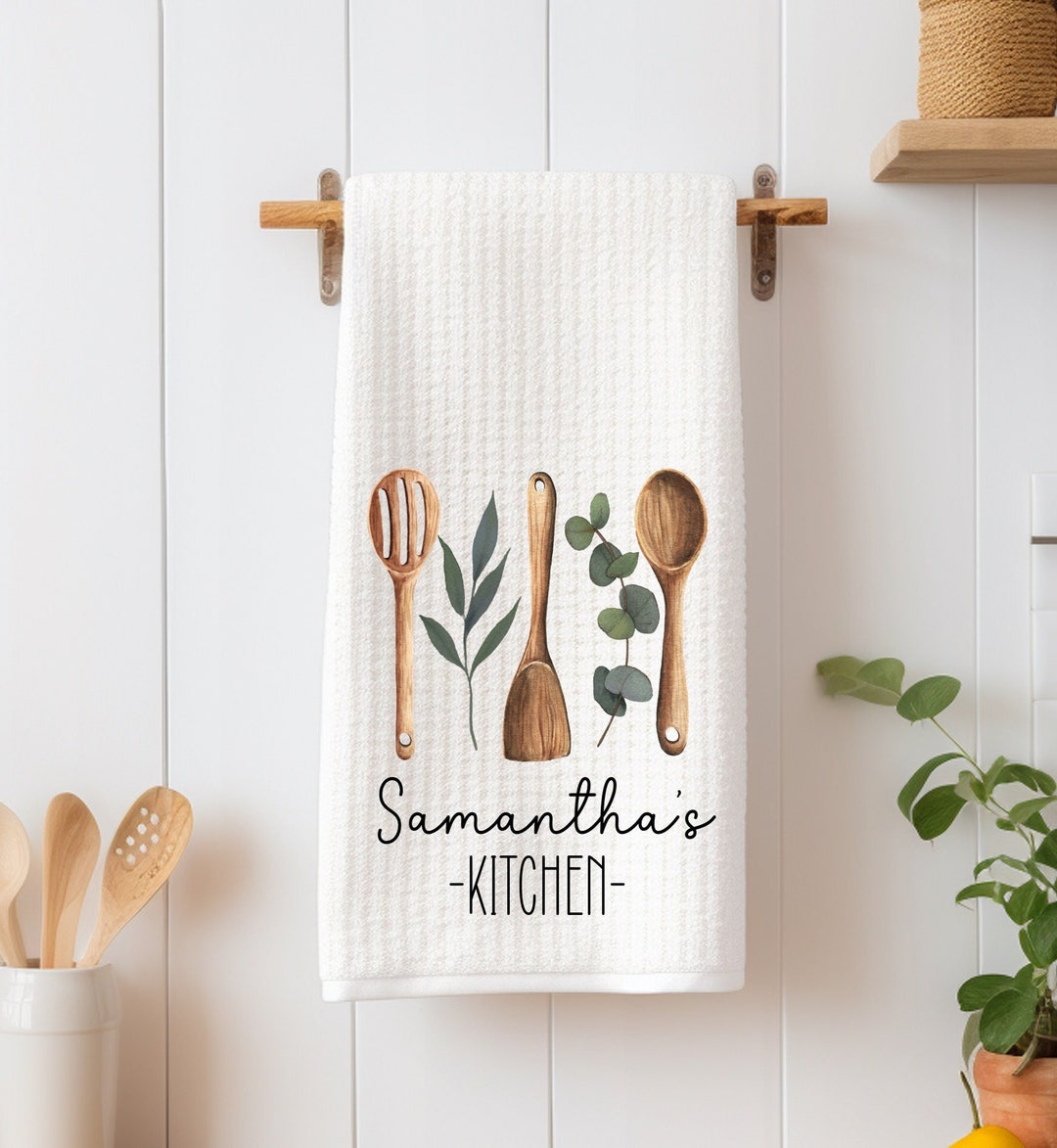 Watercolor Kitchen Utensils Personalized Tea Dish Towel - Eucalyptus ...