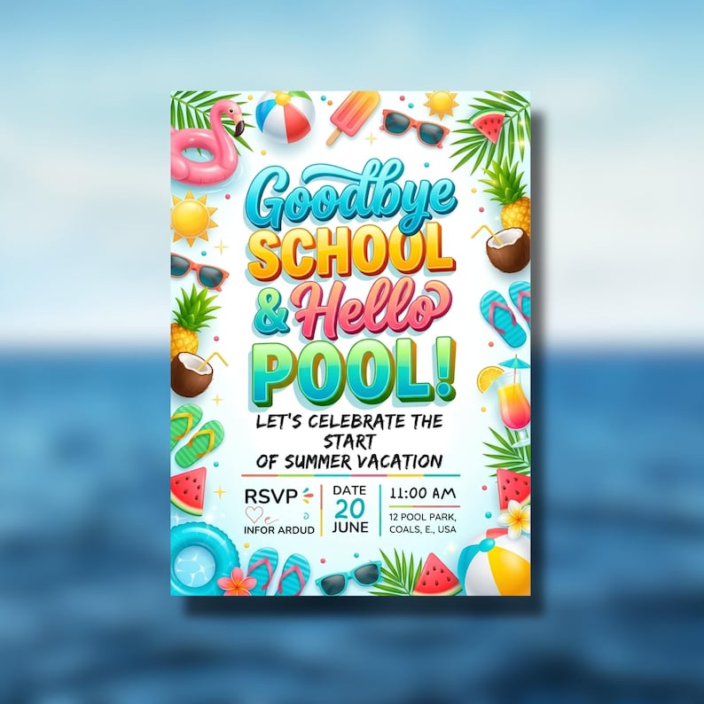 Goodbye School Hello Pool Invitation, End of School Pool Party Invite ...