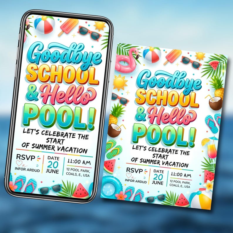 Goodbye School Hello Pool Invitation, End of School Pool Party Invite ...