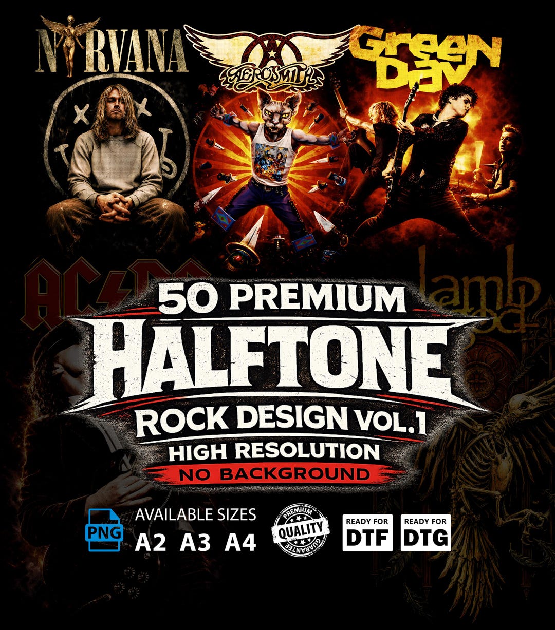 50 Halftone Rock Designs Vol. 1, High-resolution Pngs (A2, A3, A4 ...