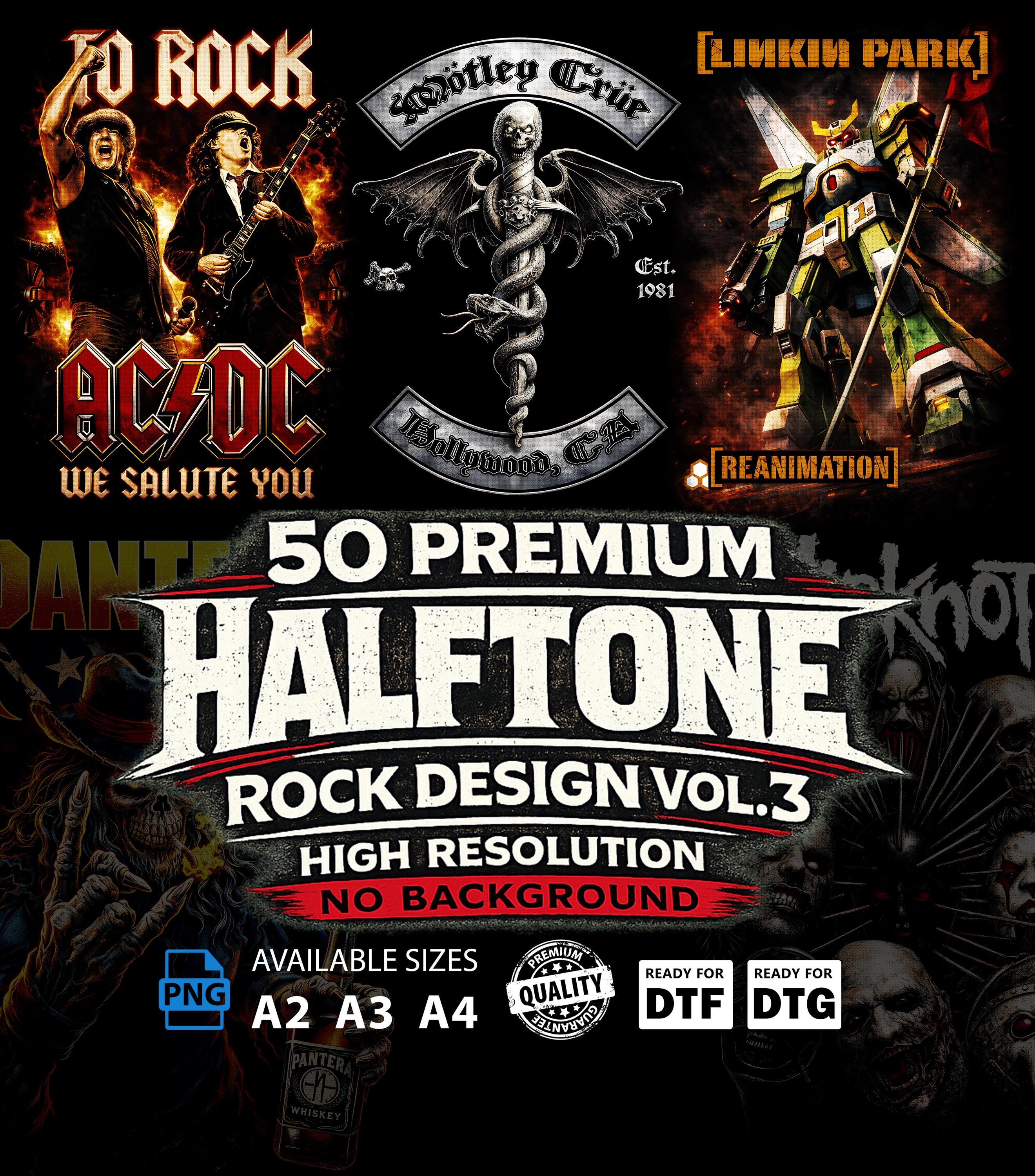 50 Halftone Rock Designs Vol. 3, High-resolution Pngs (A2, A3, A4 ...